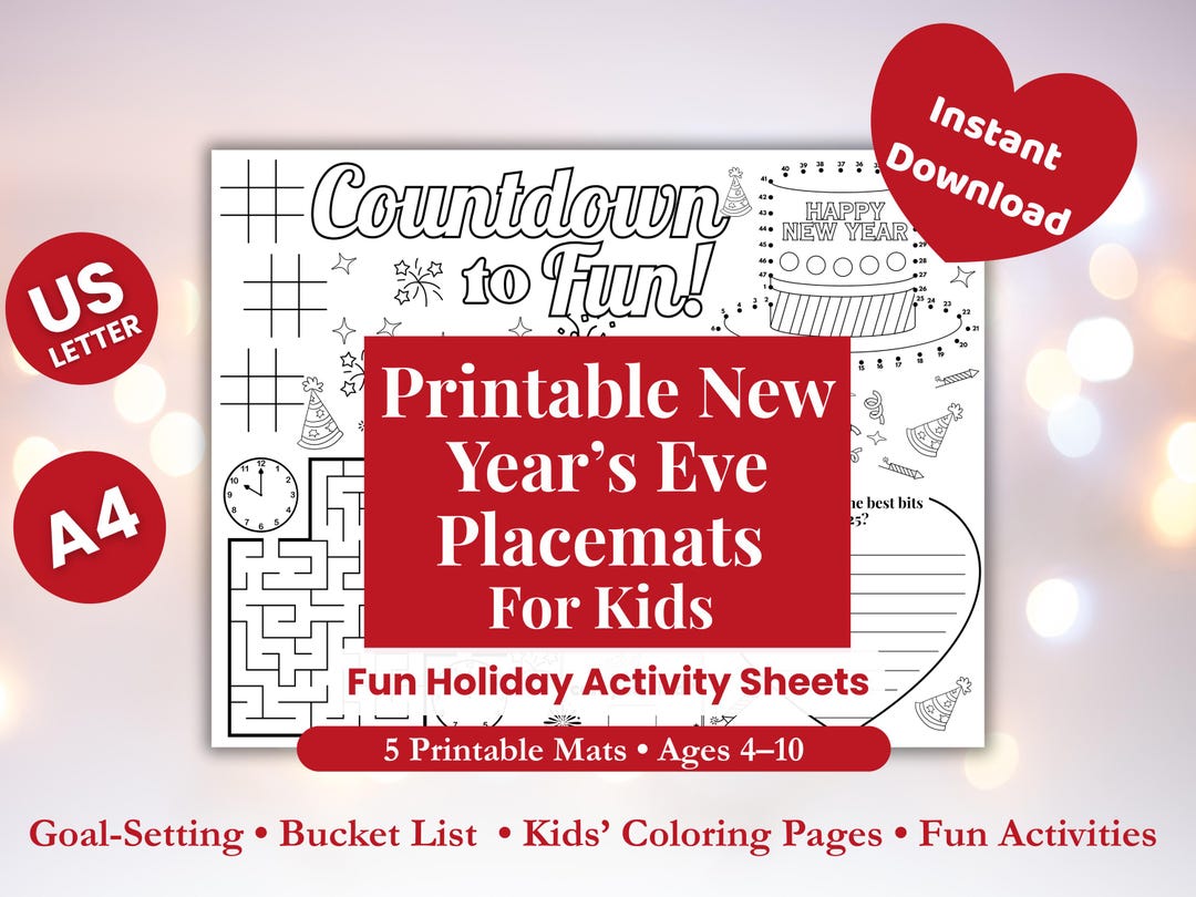 New Year's Eve Kids Activity Placemats | Printable NYE Games (instant ...