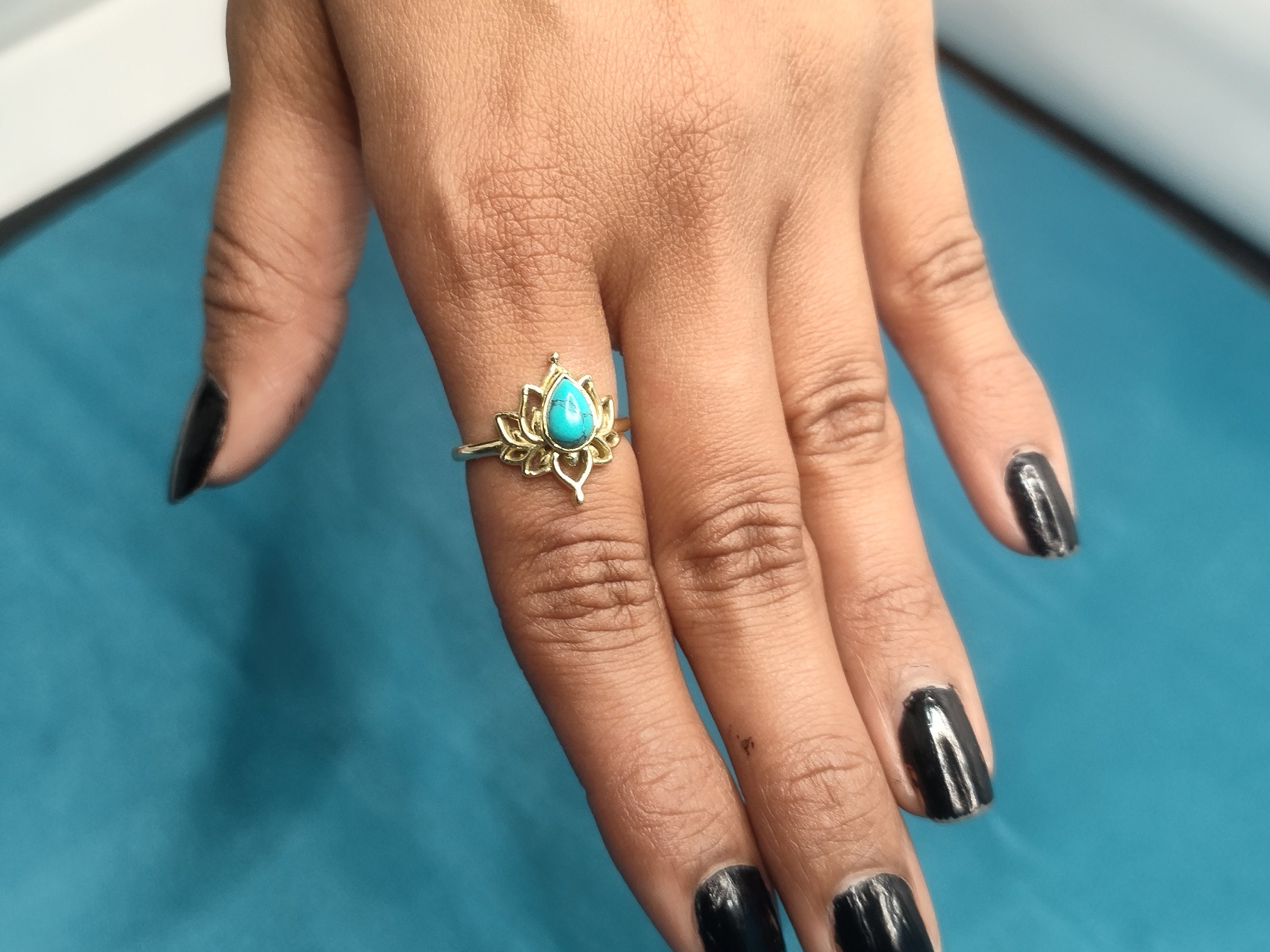 Lotus Flower Sterling Silver Ring, Turquoise Silver Lotus Ring, 925 Silver Ring, Promise Ring ...