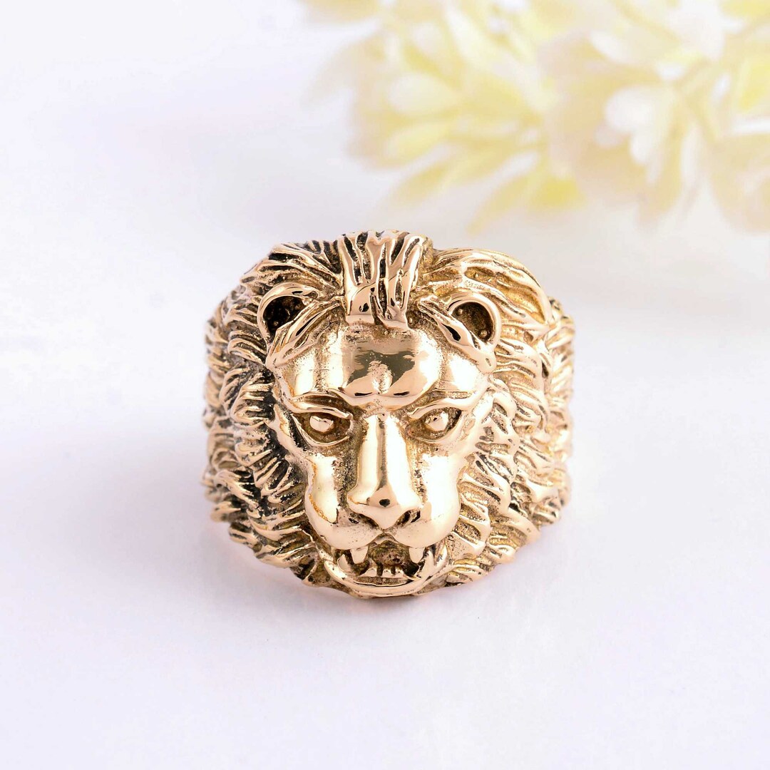 Mens Ring, Silver Lion Signet Ring, Mens Animal Signet Ring, 18K Gold ...