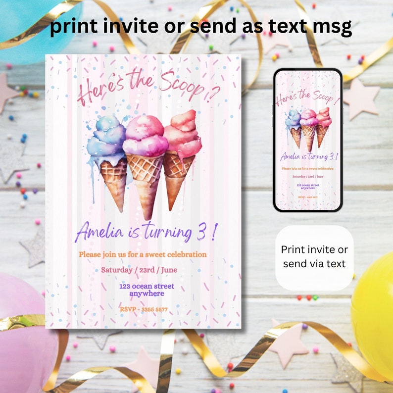 Ice Cream Birthday Party Invitation, Here’s the Scoop Party Invitation ...
