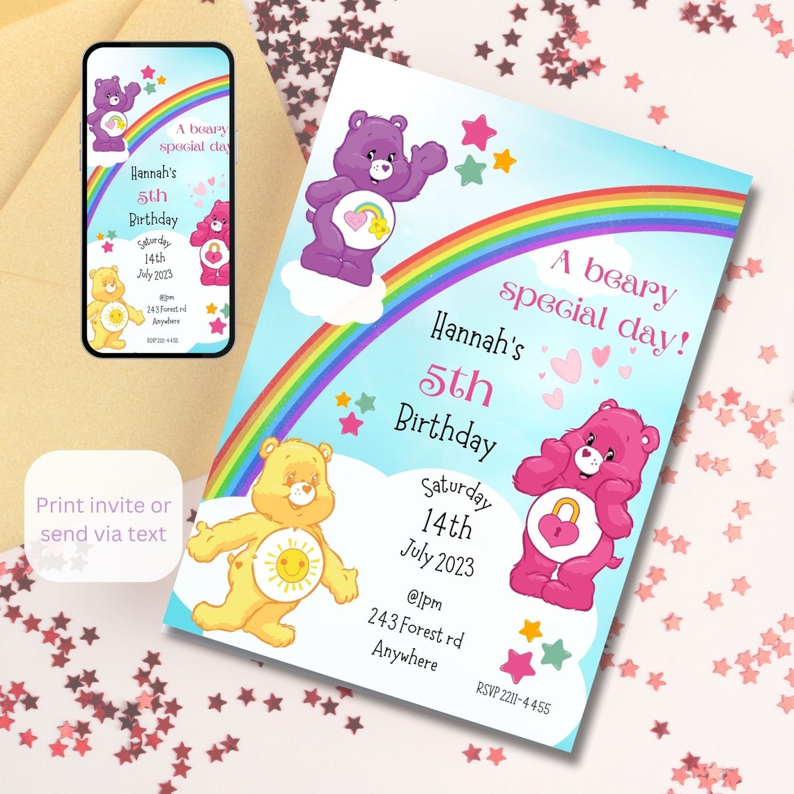 Care Bear Birthday Invitation, Care Bear Party Invitation, Text Message ...