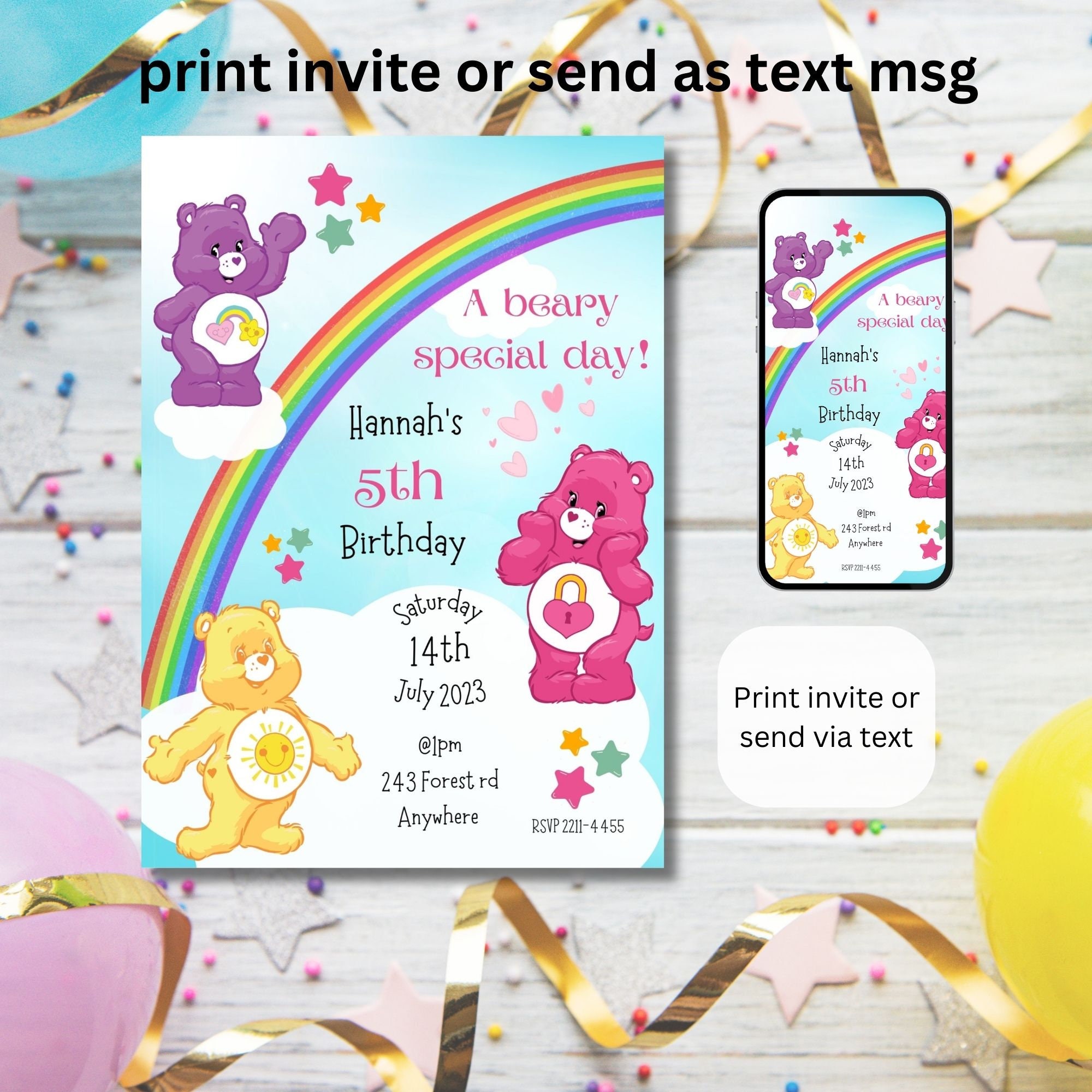 Care Bear Birthday Invitation, Care Bear Party Invitation, Text Message ...