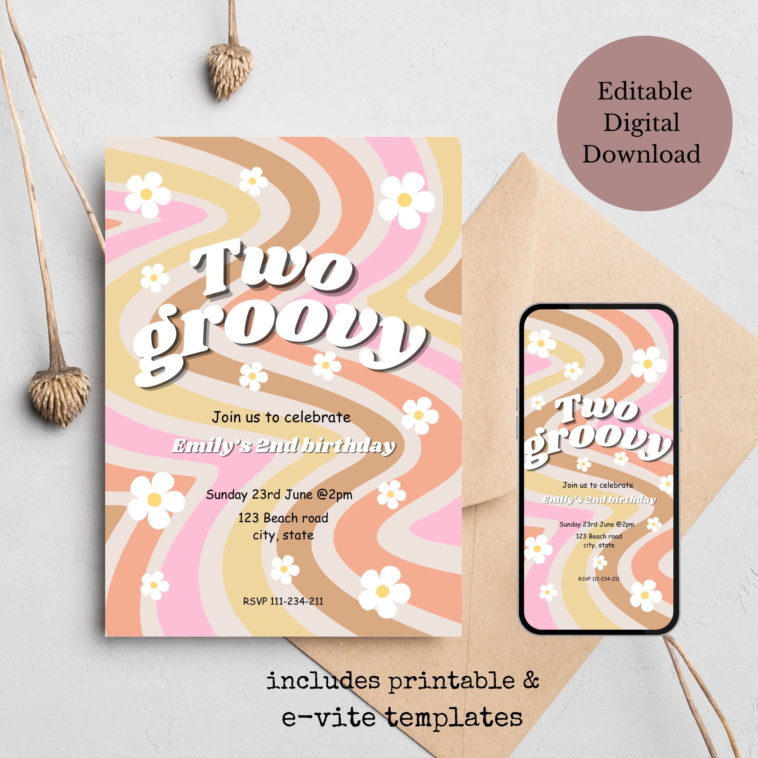 Two Groovy Birthday Invitation, Printable 2nd Birthday Invitation ...
