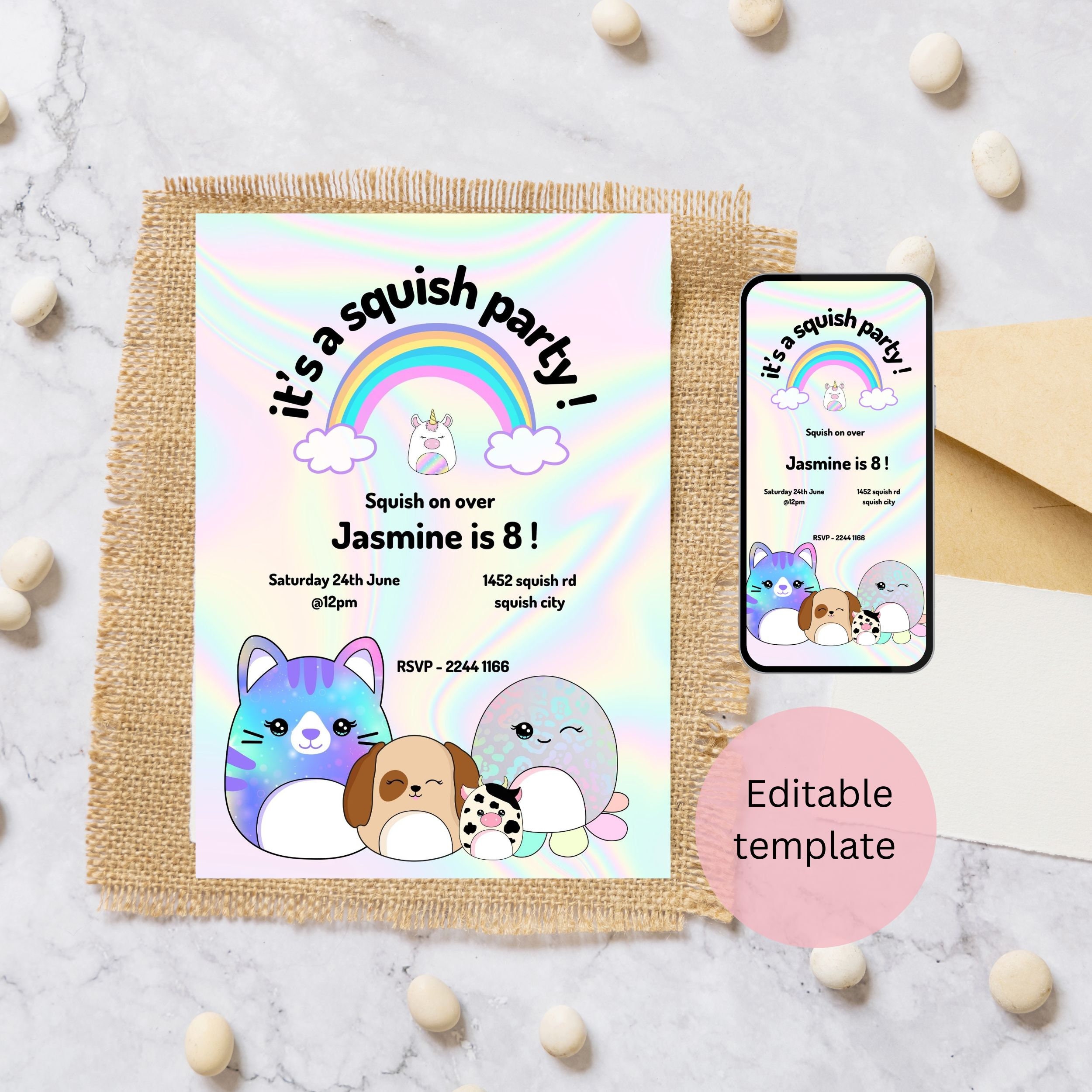 Squishmallow Birthday Invite, Squishmallow Party Invitation, Text ...