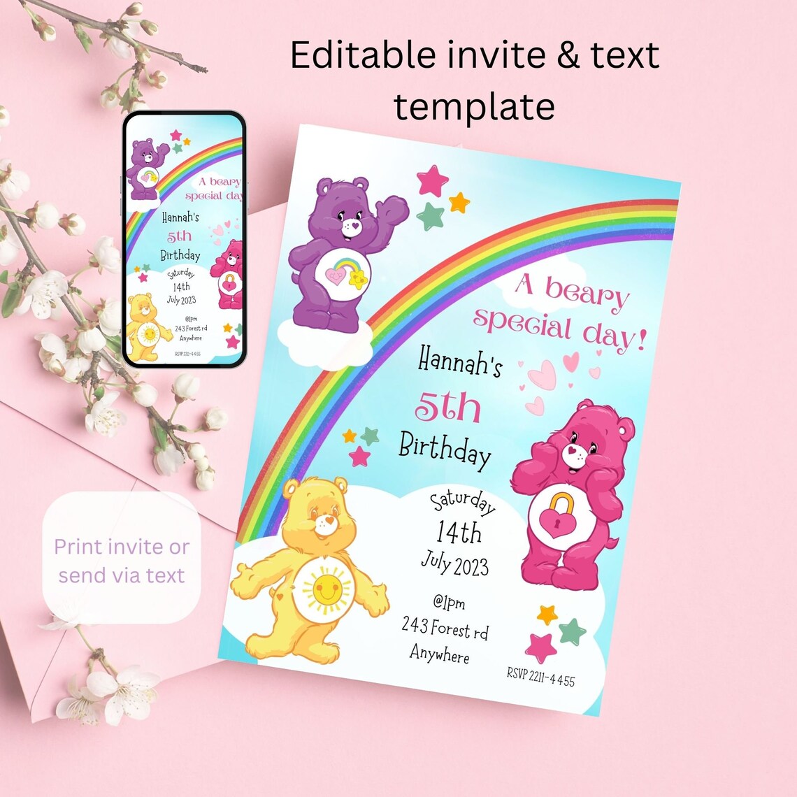 Care Bear Birthday Invitation, Care Bear Party Invitation, Text Message ...
