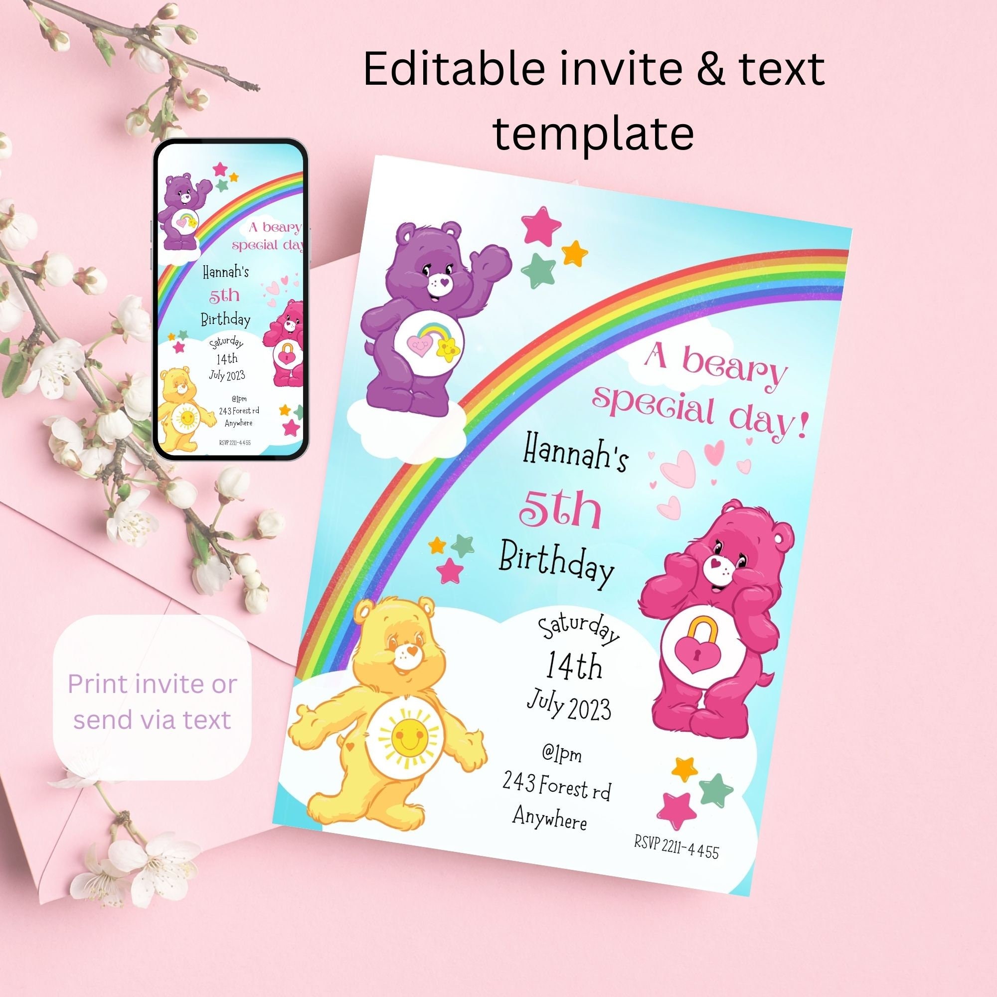 Care Bear Birthday Invitation, Care Bear Party Invitation, Text Message ...