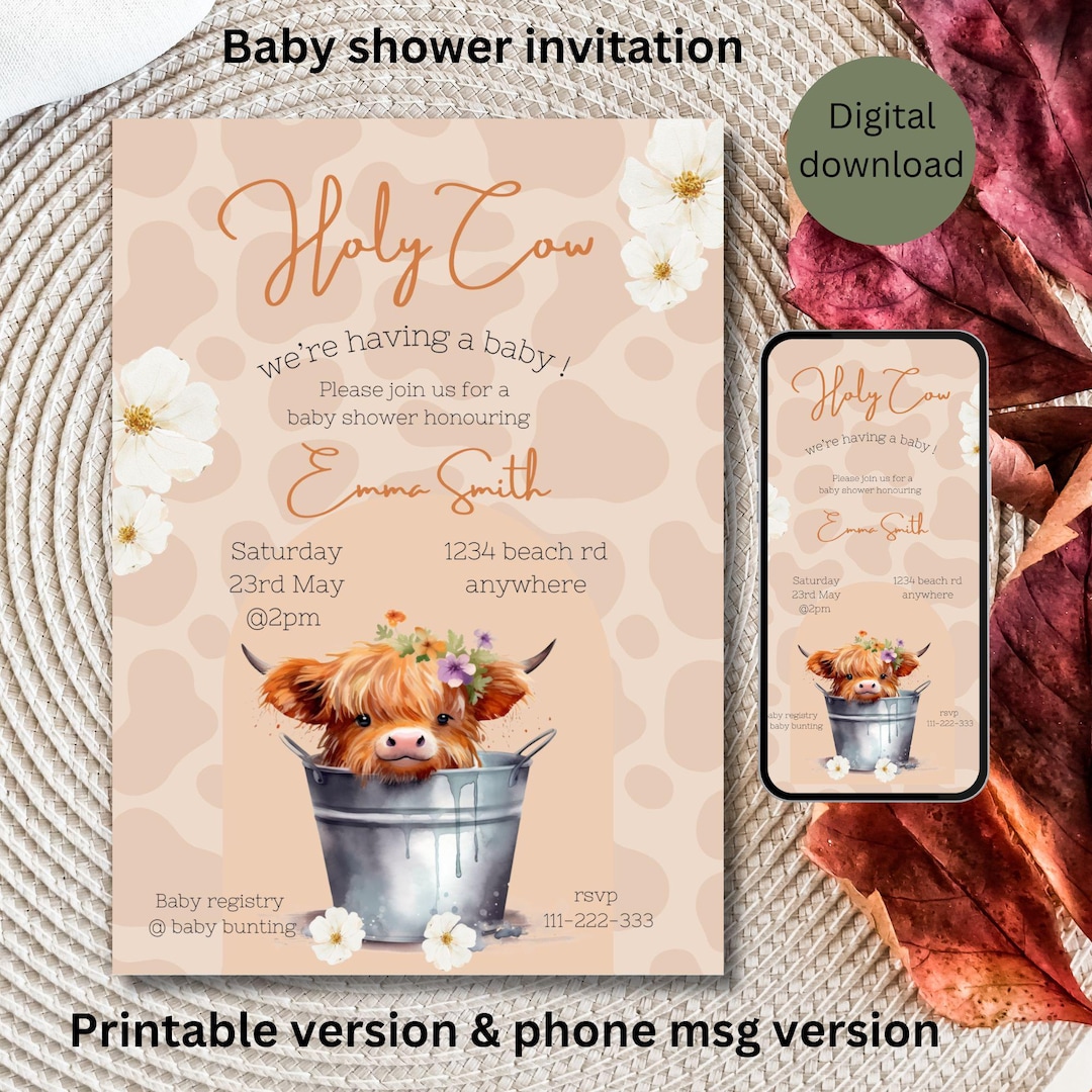 Boho Cow Print Baby Shower Invitation, Editable Baby Shower Invitation ...