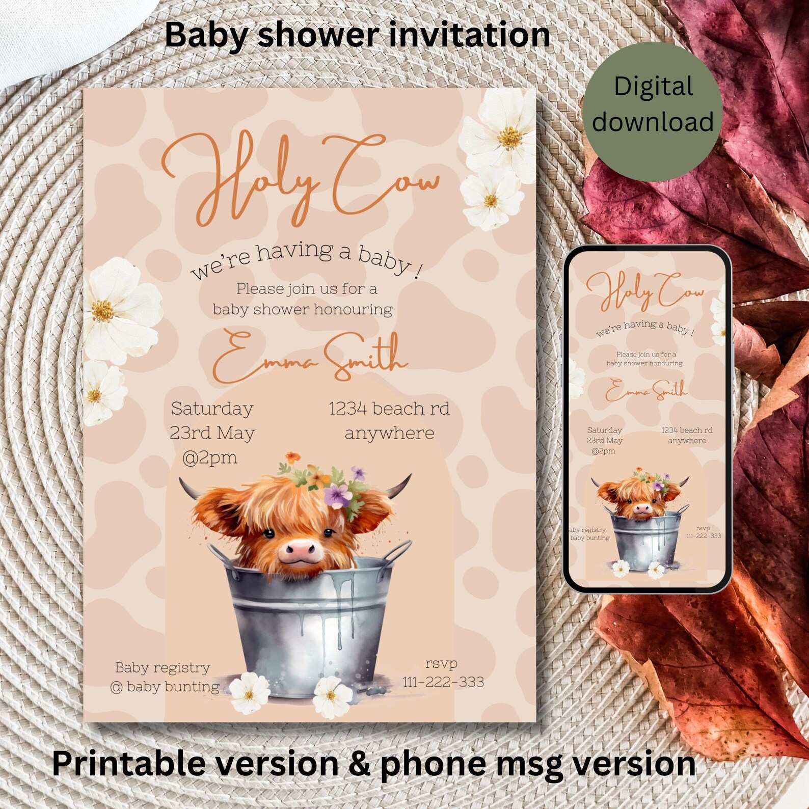 Boho Cow Print Baby Shower Invitation, Editable Baby Shower Invitation ...