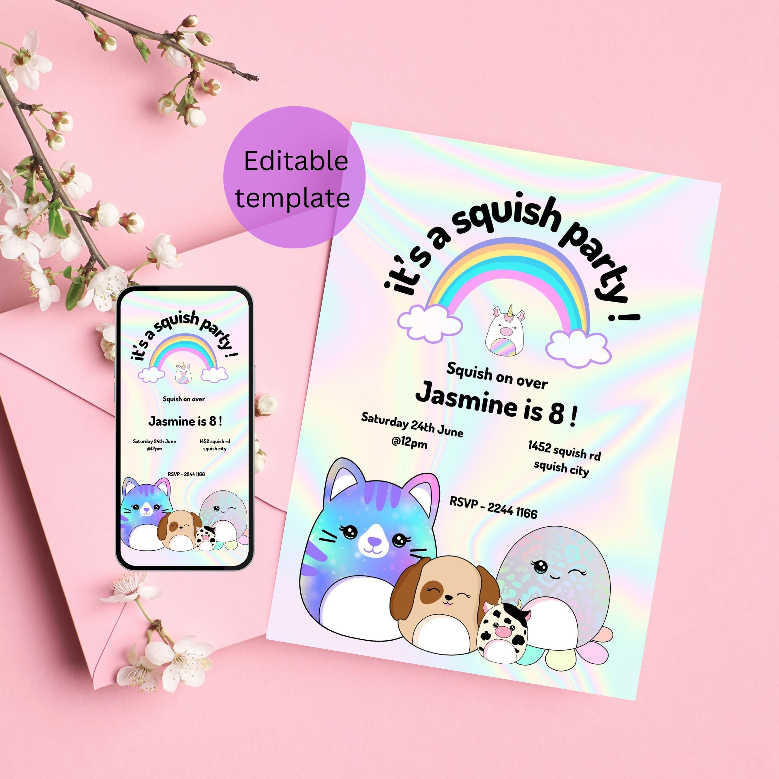 Squishmallow Birthday Invite, Squishmallow Party Invitation, Text ...