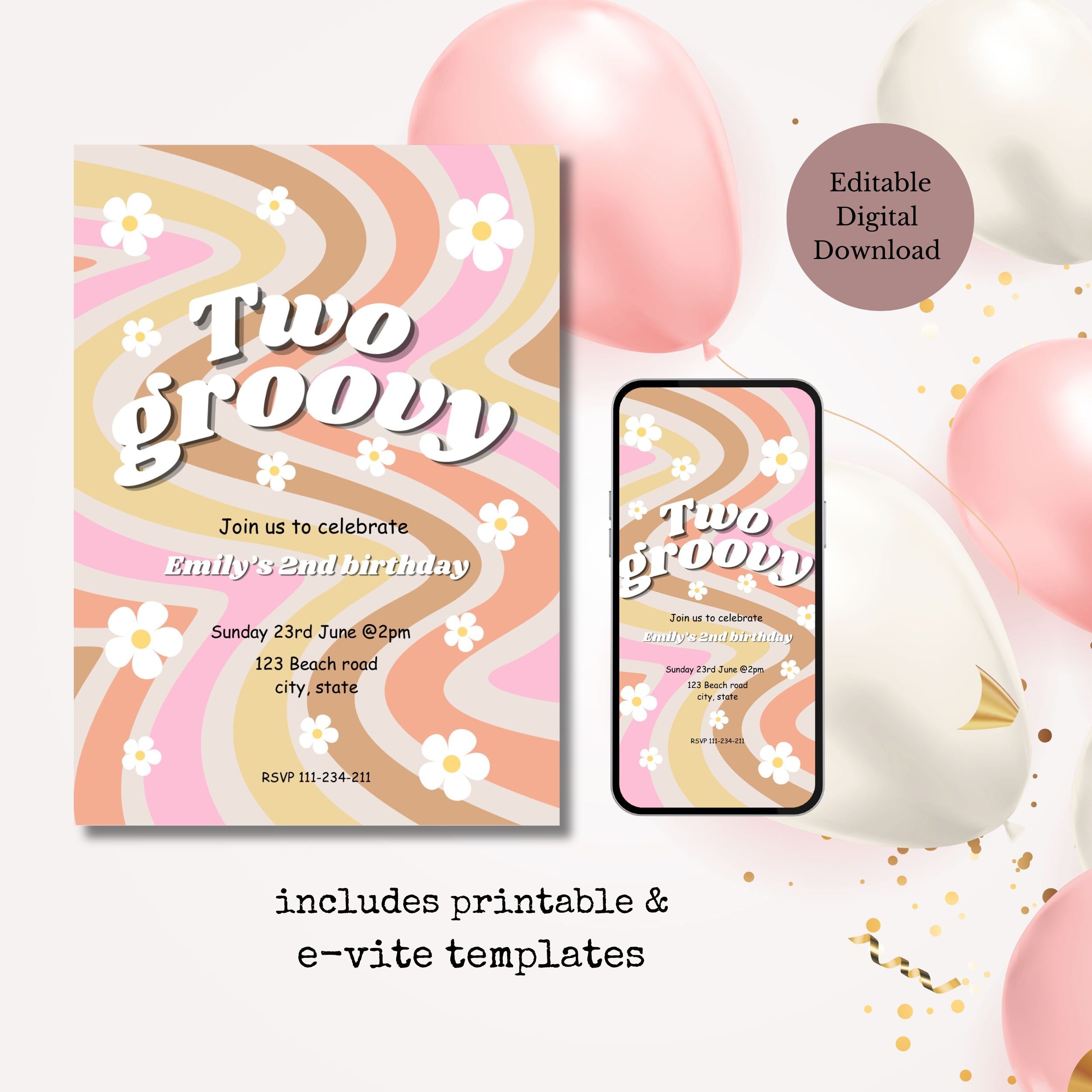 Two Groovy Birthday Invitation, Printable 2nd Birthday Invitation ...