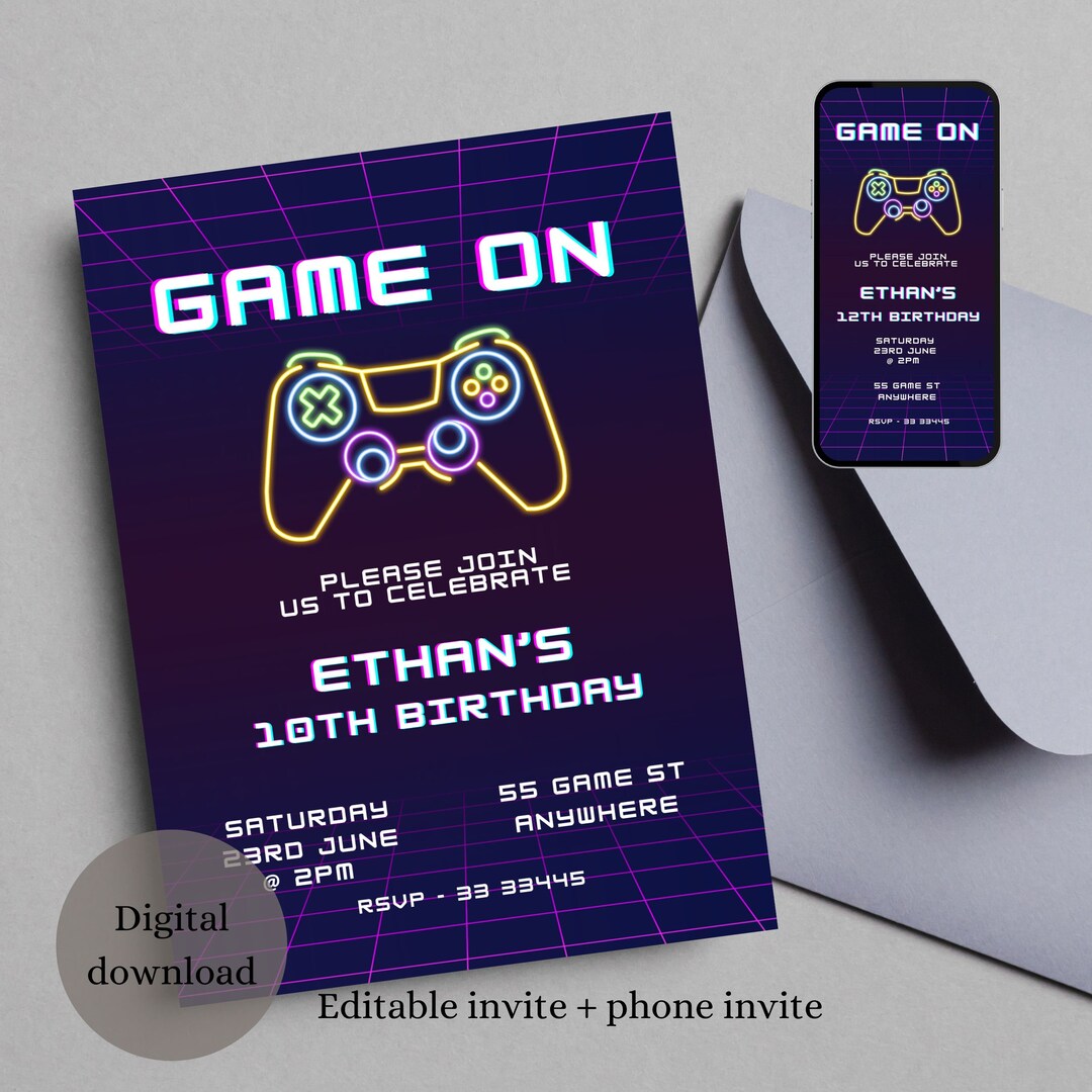 Game on Birthday Invitation, Gaming Birthday Invite, Digital Gaming ...