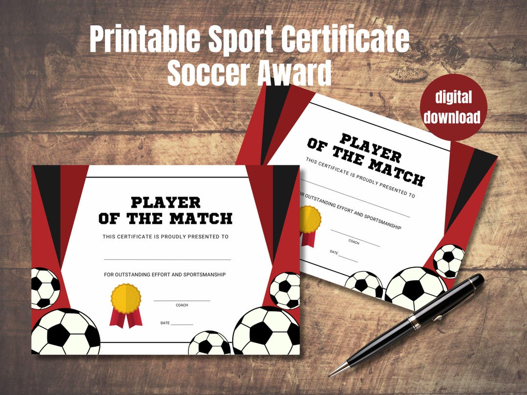 Editable Printable Soccer Award Player of the Match Certificate Soccer ...