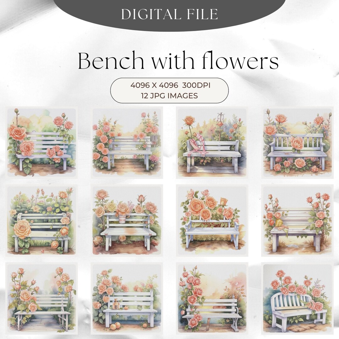 12 Floral Bench Clipart, Garden Bench, Printable Watercolor Clipart ...