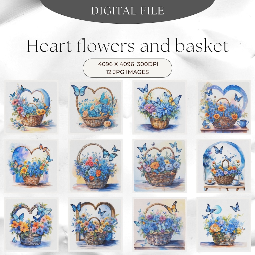 Symbolic Heart Shape Basket Flowers Clipart ,junk Journals,digital ...