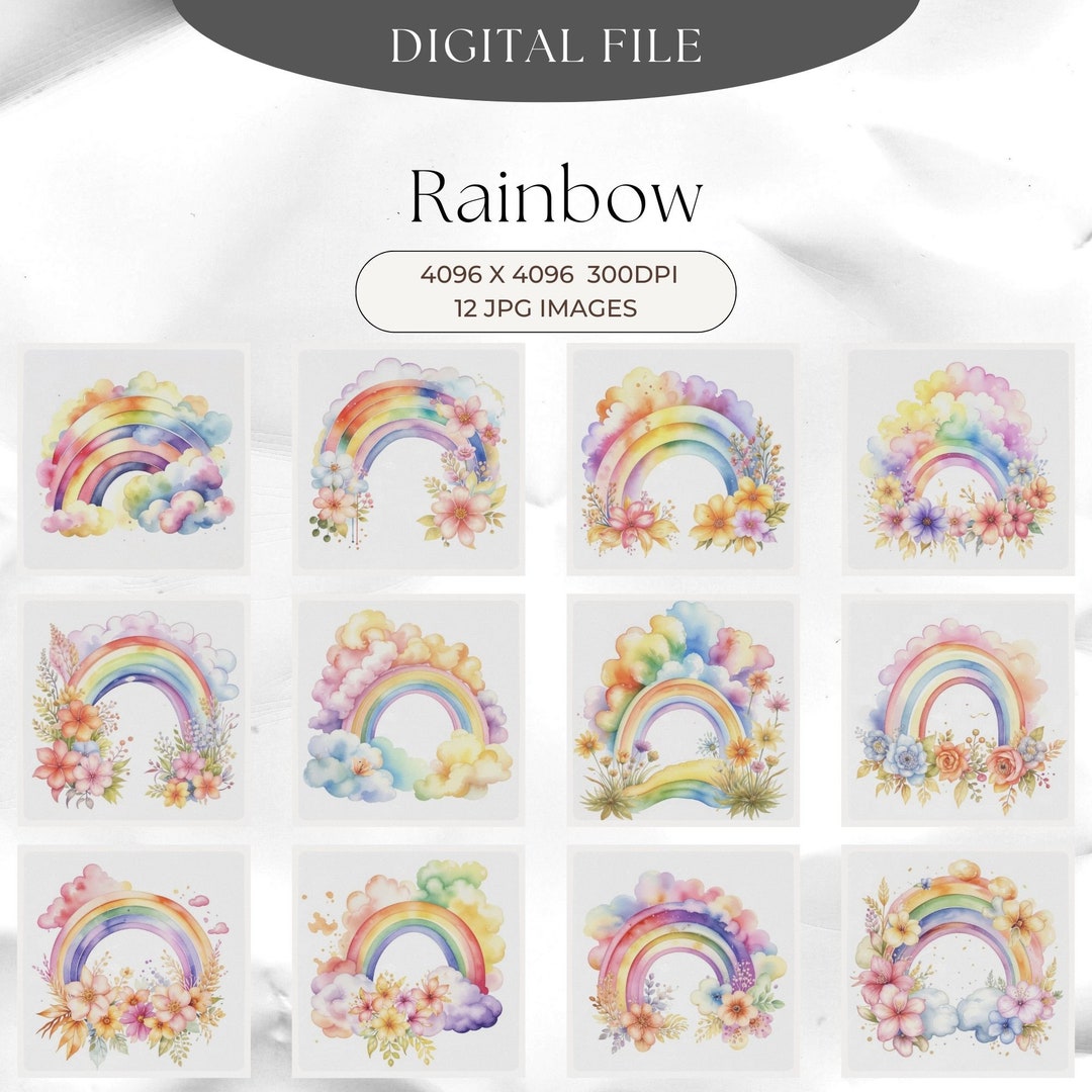 12 Various Rainbow Clipart, Nursery Rainbow in Flowers, Printable ...