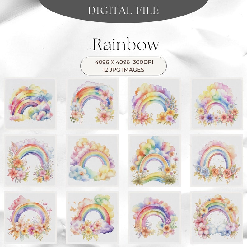 12 Various Rainbow Clipart, Nursery Rainbow in Flowers, Printable ...