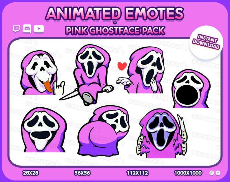 Animated Pink Ghostface Scream Chibi Pack of Emotes: Twitch, Discord ...
