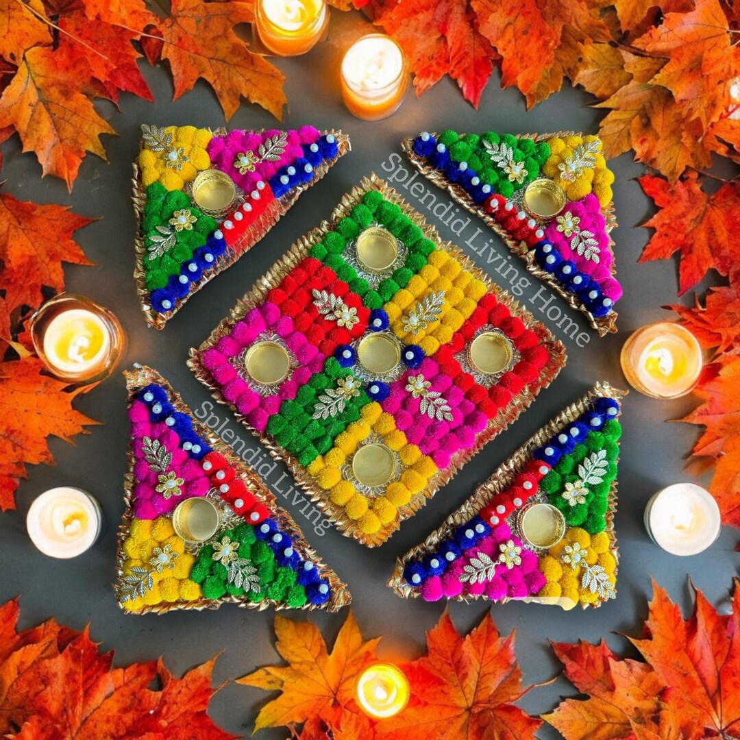 Rangoli T Light Holder Mats With Candles Diwali Decoration Multicolored ...