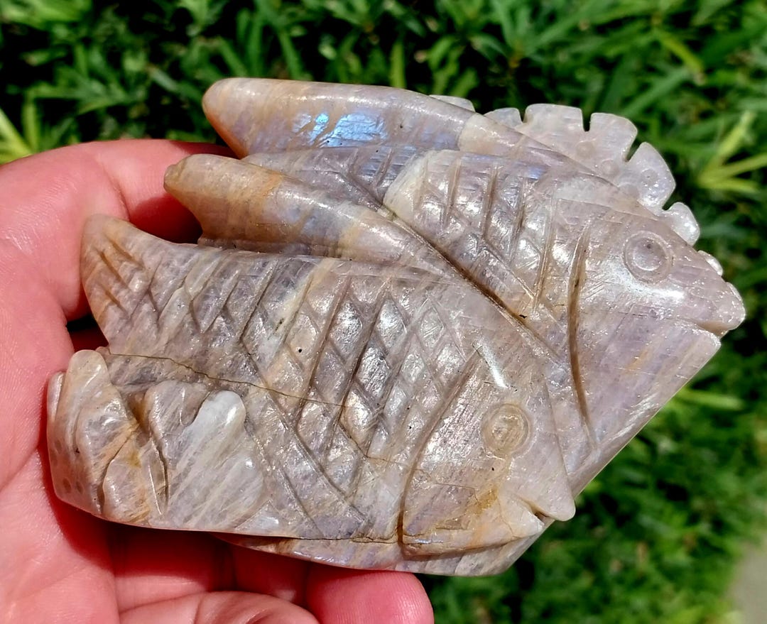 Flashy Rainbow Moonstone Fish Carving. White Moonstone. Blue Flash ...