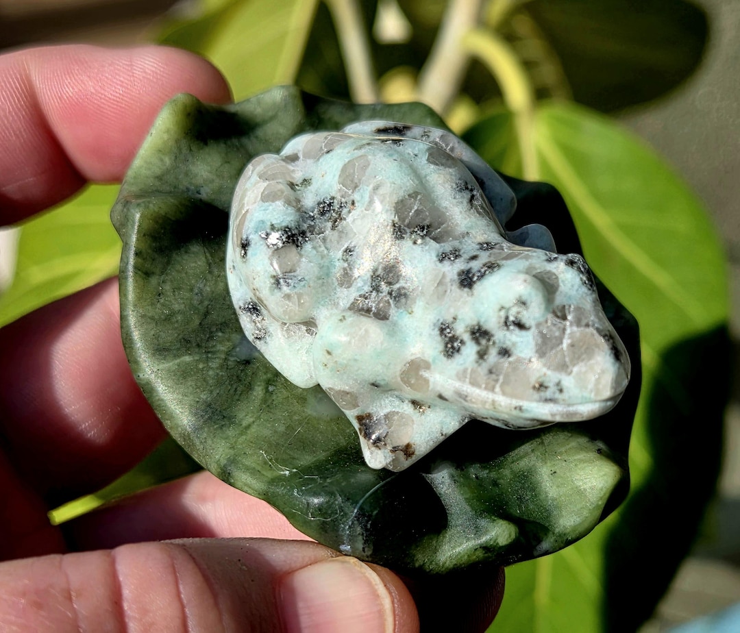 Large Kiwi Jasper and Jade Frog on Lily Pad! Crystal Frog. Frog Crystal ...