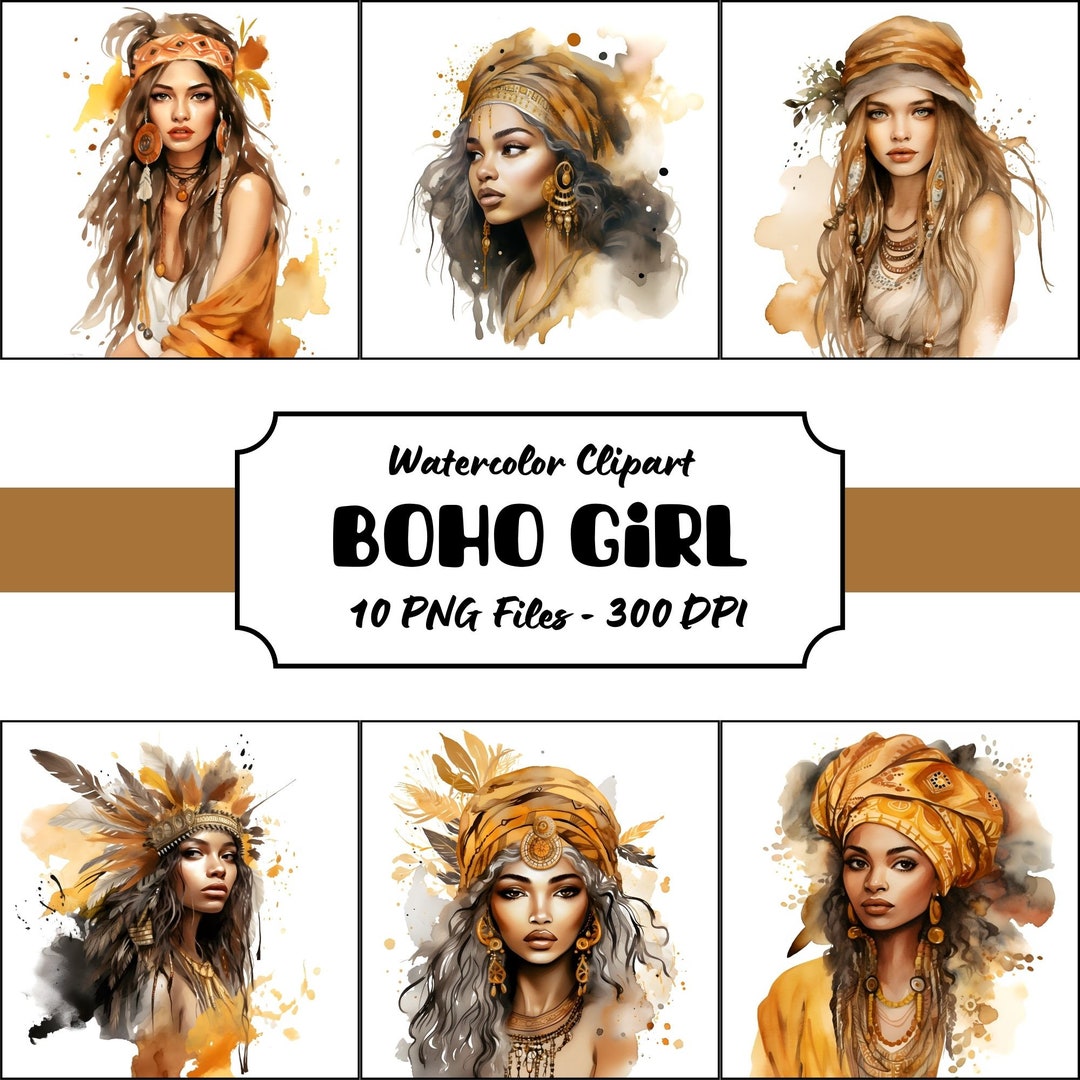Boho Girl Clipart Bundle, 10 Digital Images, Transparent Background ...