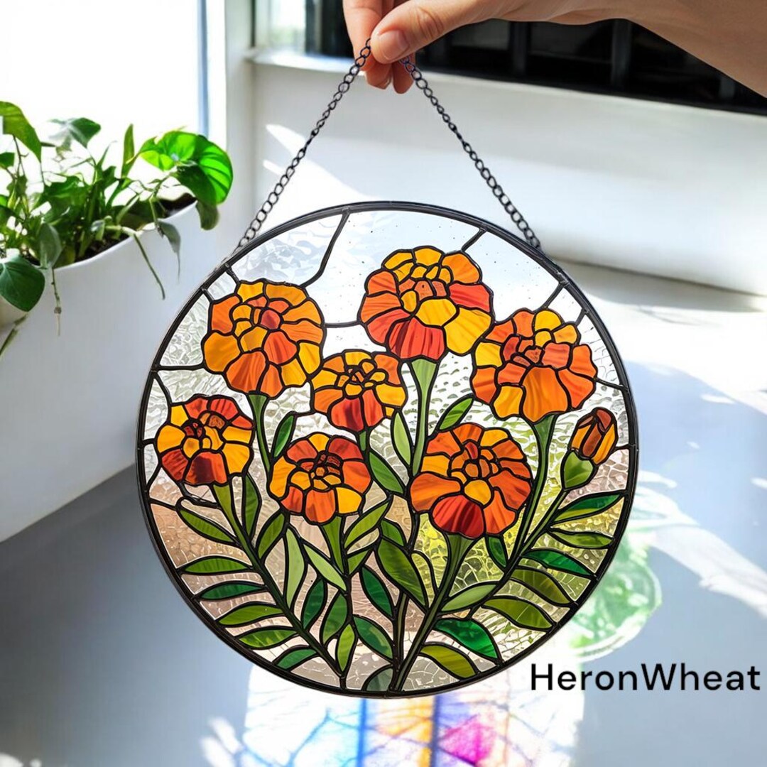 Marigold Stained Glass Suncatcher – Round Orange Floral Window Decor ...