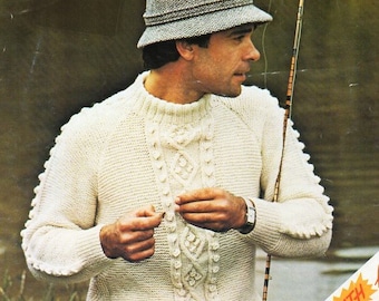 Mens Aran Sweater Knitting Pattern PDF Aran Jumper Crew Neck Vintage ...