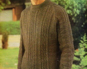 Mens Aran Sweater Knitting Pattern Pdf Cable Crew Neck Jumper Vintage ...