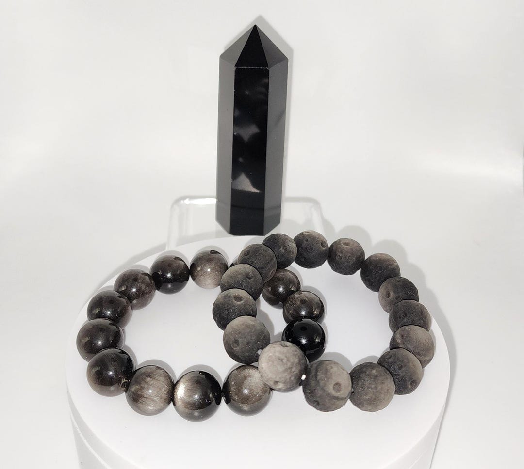 Silver SHEEN Obsidian (round & Rare×unique Moon Carved) 13+mm Includes ...