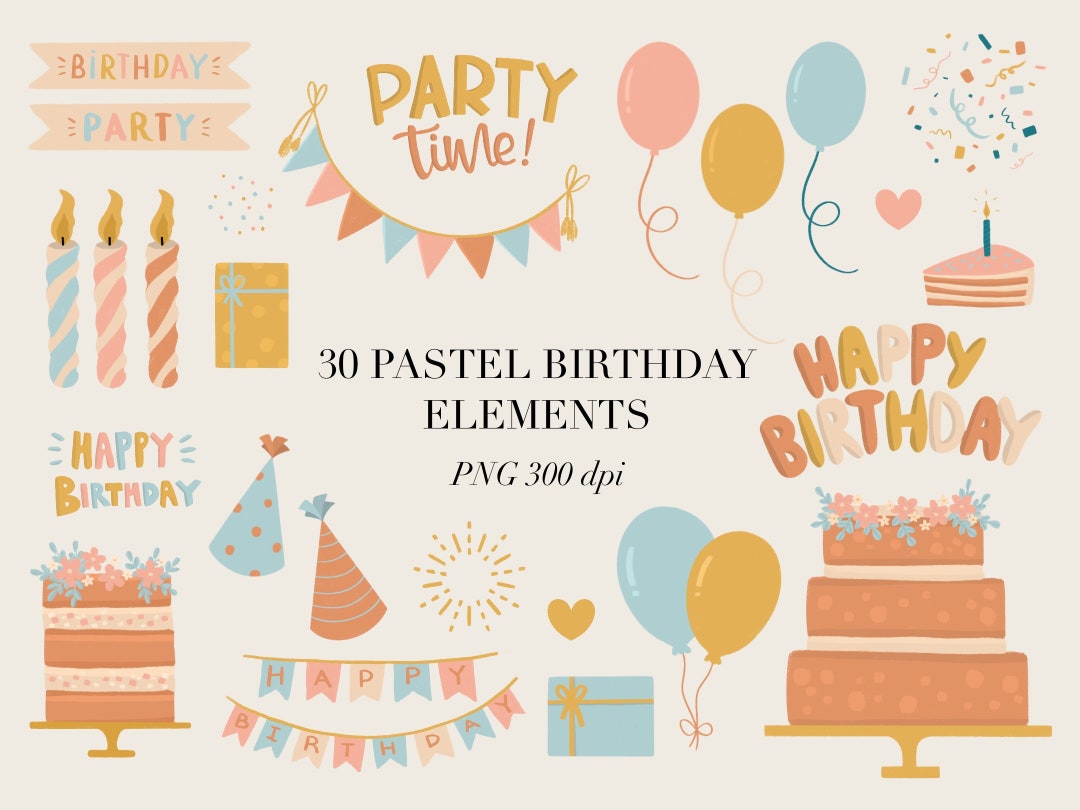 Pastel Birthday Clipart PNG Set, Kids Party Elements (digital Download ...