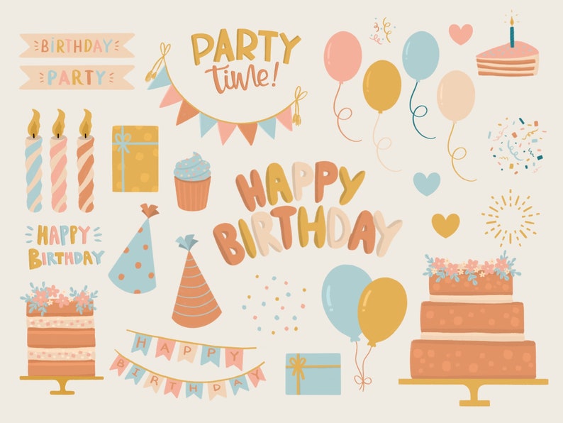 Pastel Birthday Clipart PNG Set, Kids Party Elements (digital Download ...