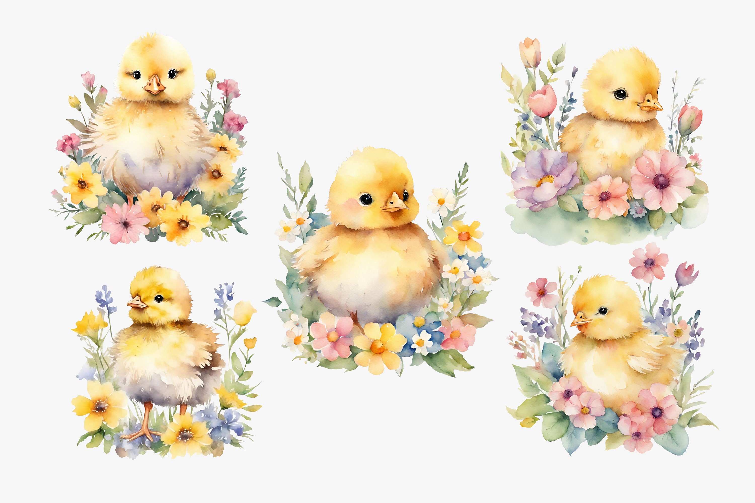 5 Cute Chick Watercolor Clipart Set/ Easter Floral Chick Png Files/cute ...