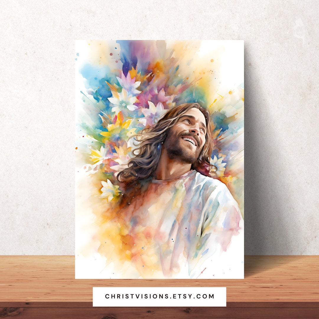 Laughing Jesus and Colorful Flowers Printable Art | Jesus Art | Jesus ...