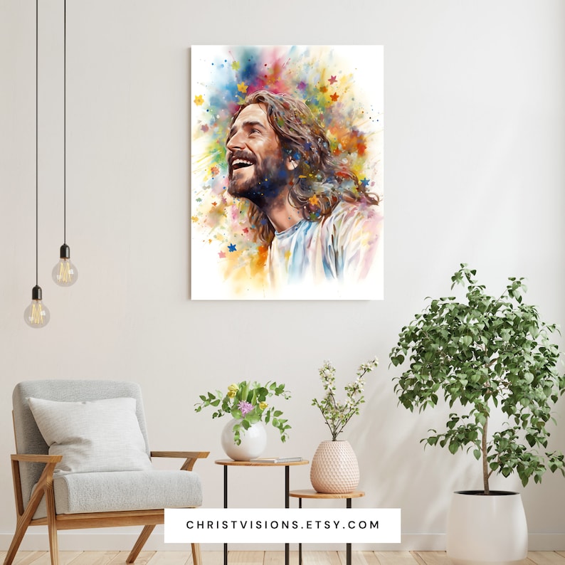 Joyful Jesus Christ Art Print Smiling Jesus Art Laughing Jesus Watercolor Jesus Painting Rainbow ...