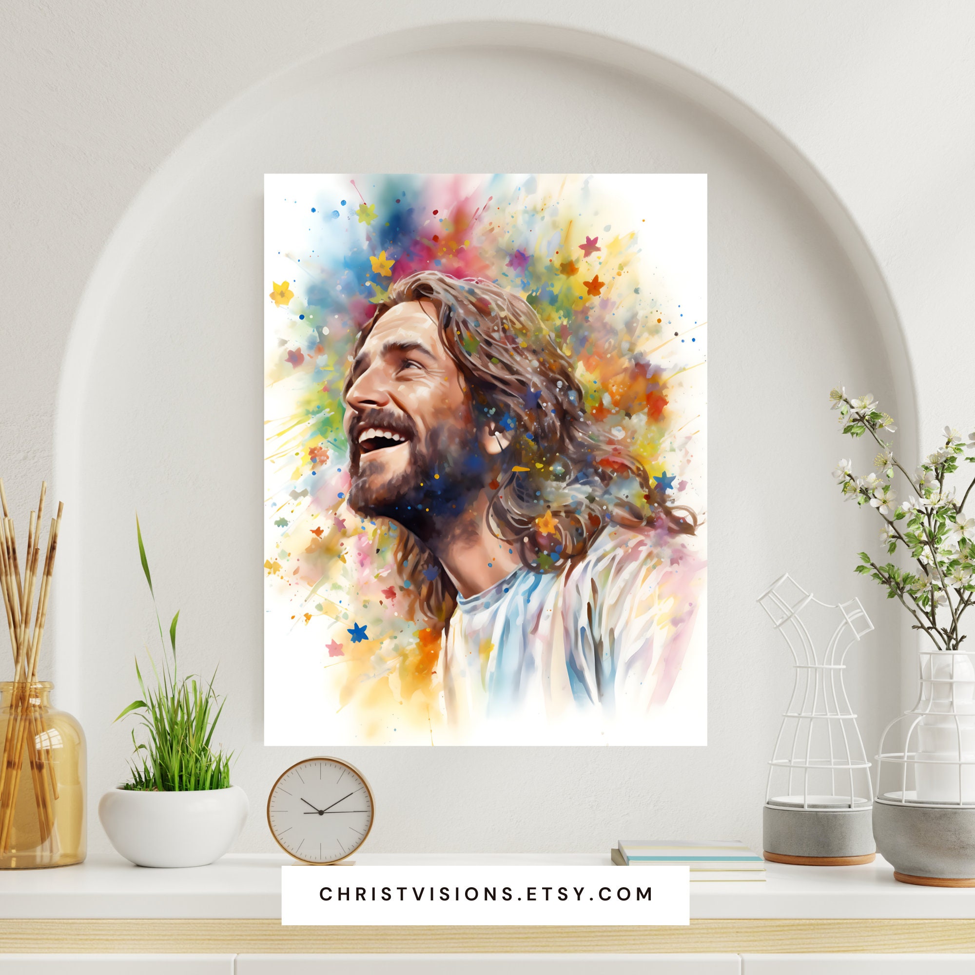 Joyful Jesus Christ Art Print Smiling Jesus Art Laughing Jesus Watercolor Jesus Painting Rainbow ...
