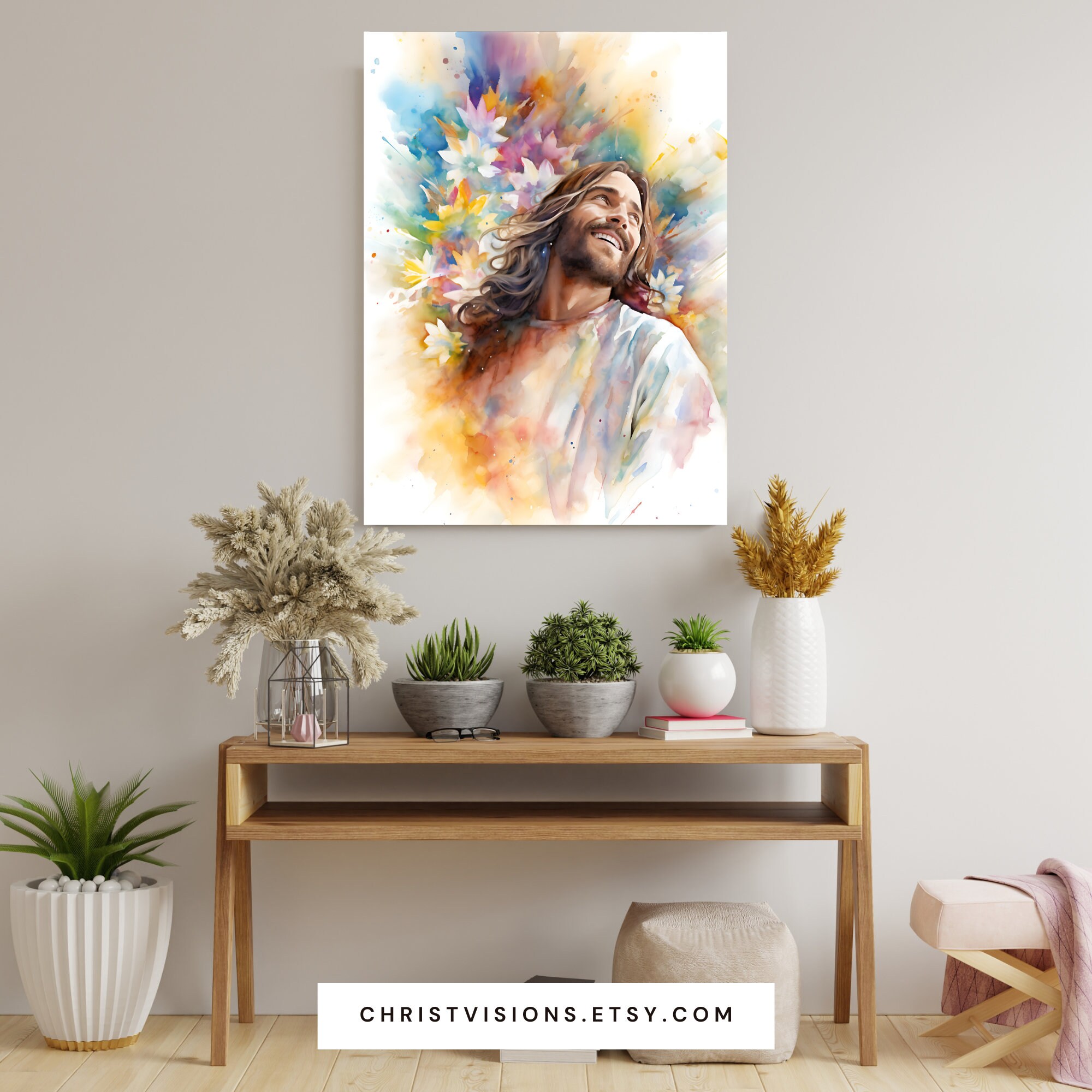 Laughing Jesus and Colorful Flowers Printable Art Jesus Art Jesus Print ...