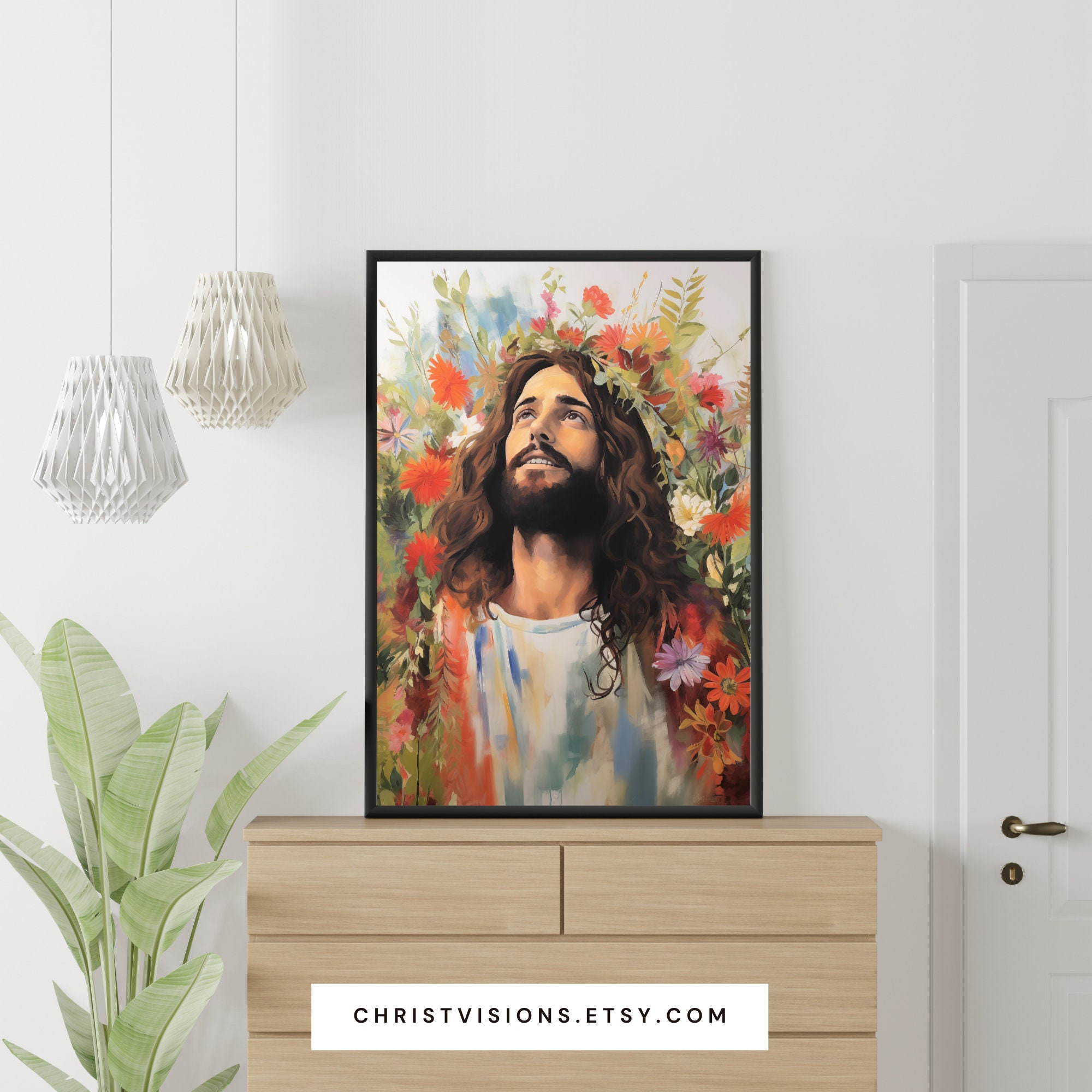 Smiling Jesus in a Flower Garden, Christian Boho Art Print: Unique ...