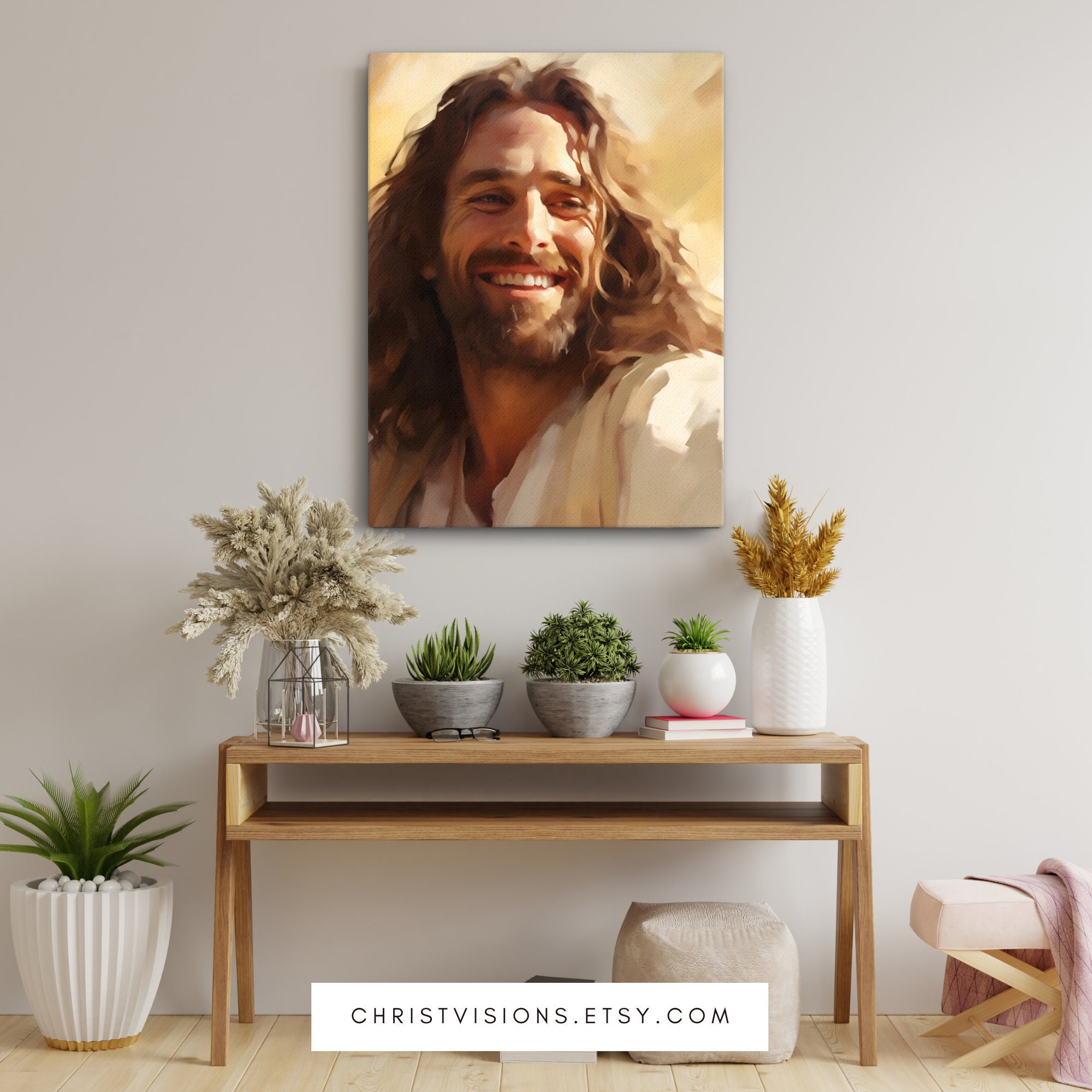 Painting of Jesus Smiling - Christian Canvas Print & Baptism Gift Art ...