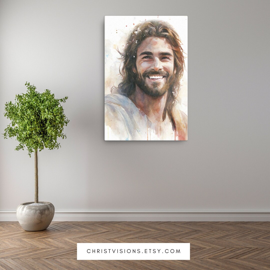 Jesus Smiling Art Print on Premium Canvas - Christian Watercolor-style ...