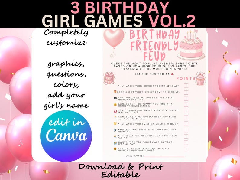 3 Birthday Games Printable Party Games Finish Her Phrase Friendly Feud ...