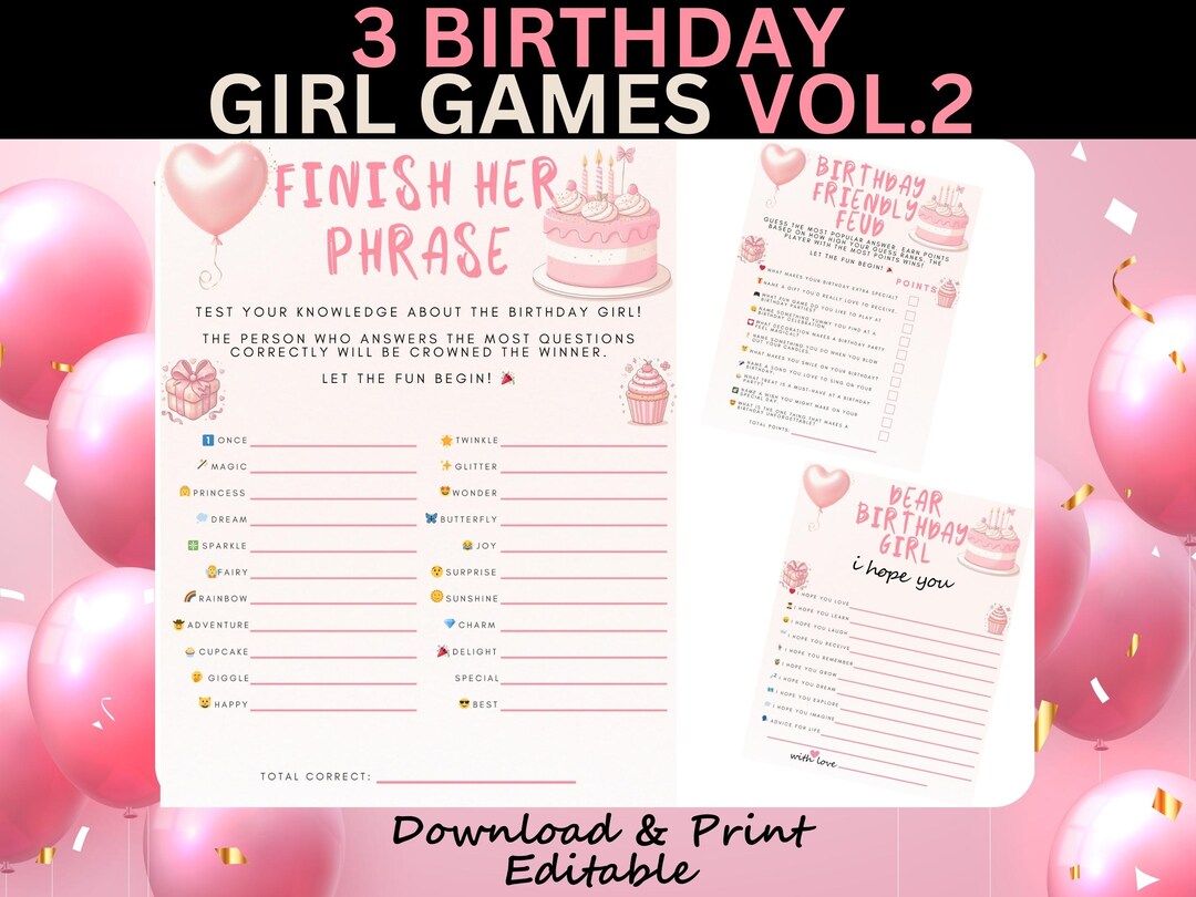 3 Birthday Games Printable Party Games Finish Her Phrase Friendly Feud ...