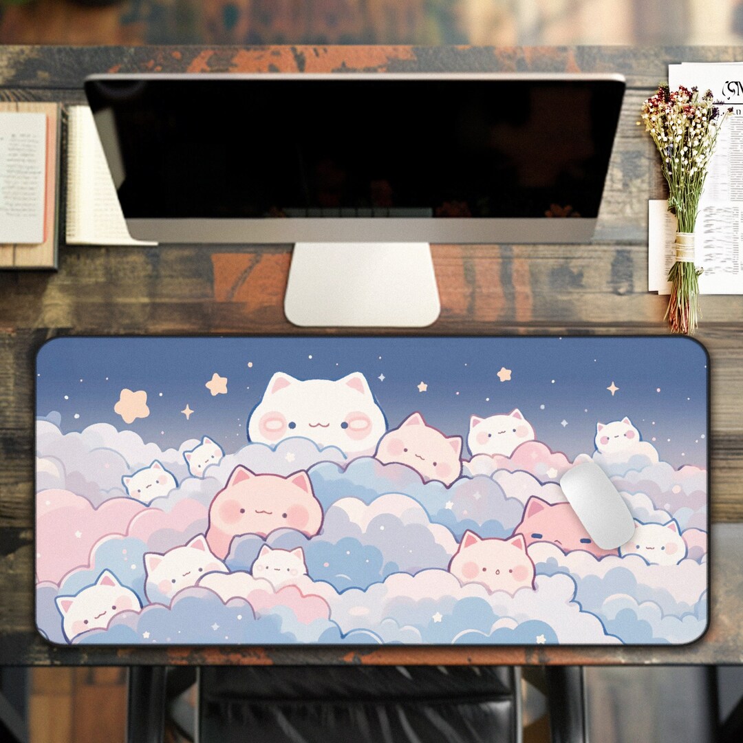 Kawaii Dreamy Cats Desk Mat, Desk Mat Cute, Pastel Mouse Pad, Kawaii ...