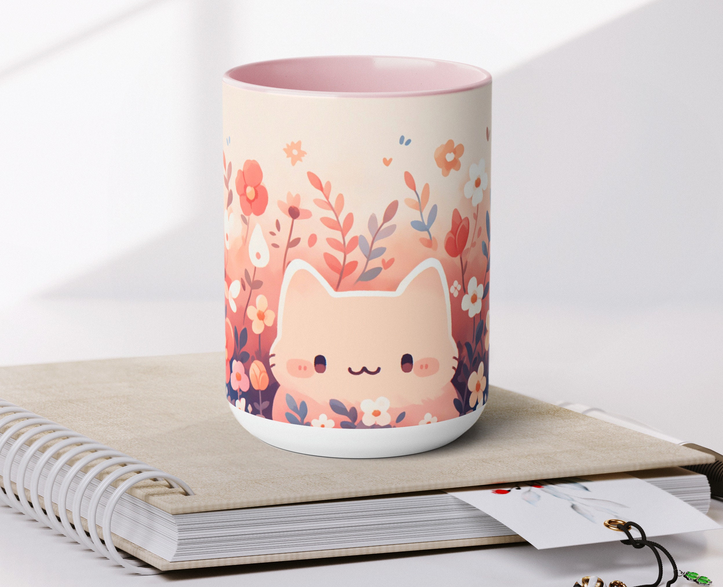 Kawaii Cat and Flowers Mug Cute Mug Aesthetic Cute Pastel Mug Cute ...