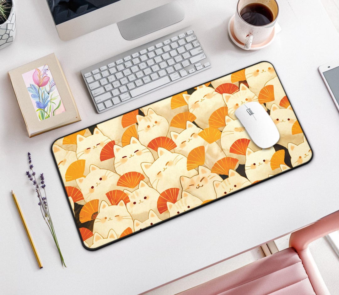 Kawaii Cats With Fans Desk Mat, Cute Large Mouse Pad, Cat Desk Mat Cute ...