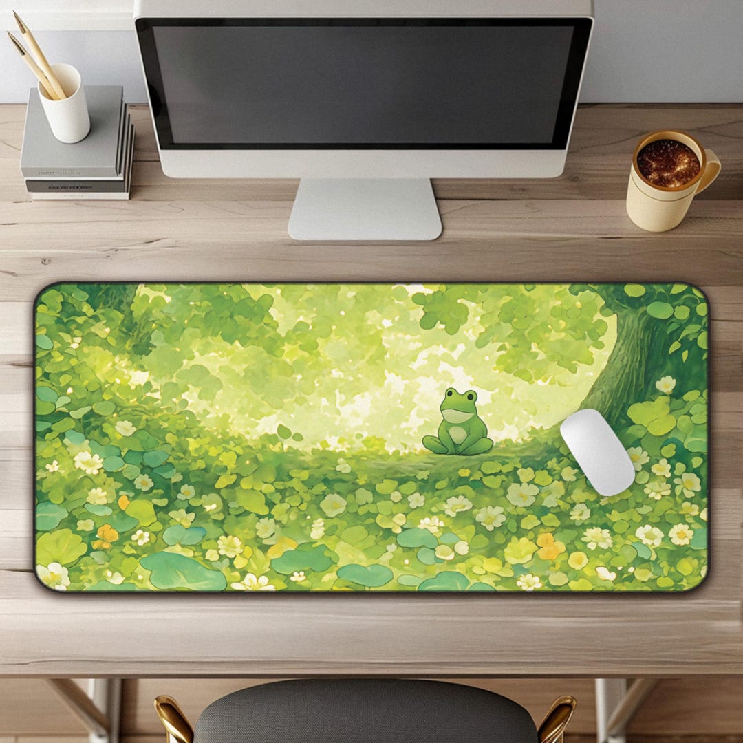 Kawaii Lonely Frog Desk Mat, Cute Large Mouse Pad in Light Green, Frog ...