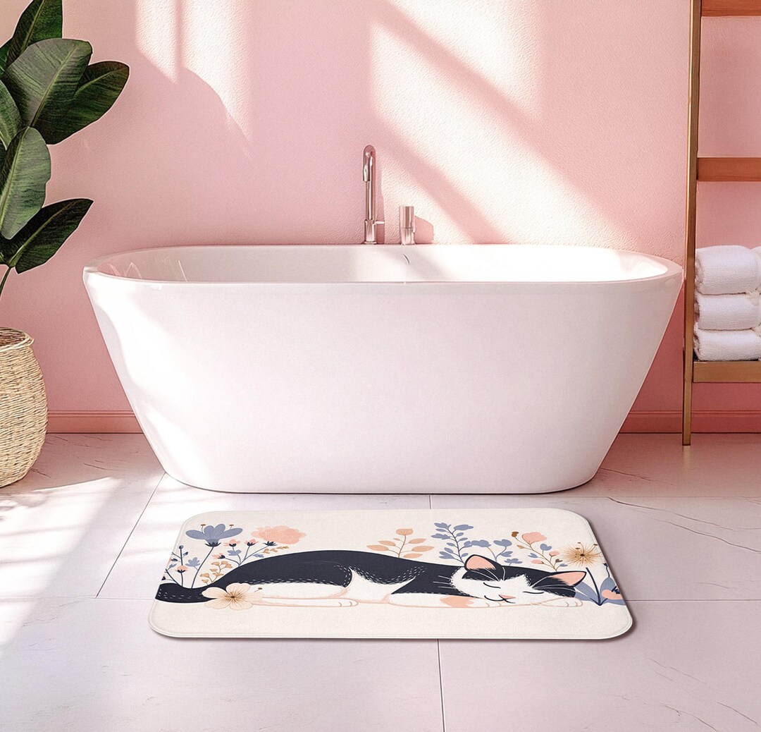Pastel Floral & Cat Bath Mat, Memory Foam Bathroom Rug, Beige Floral ...