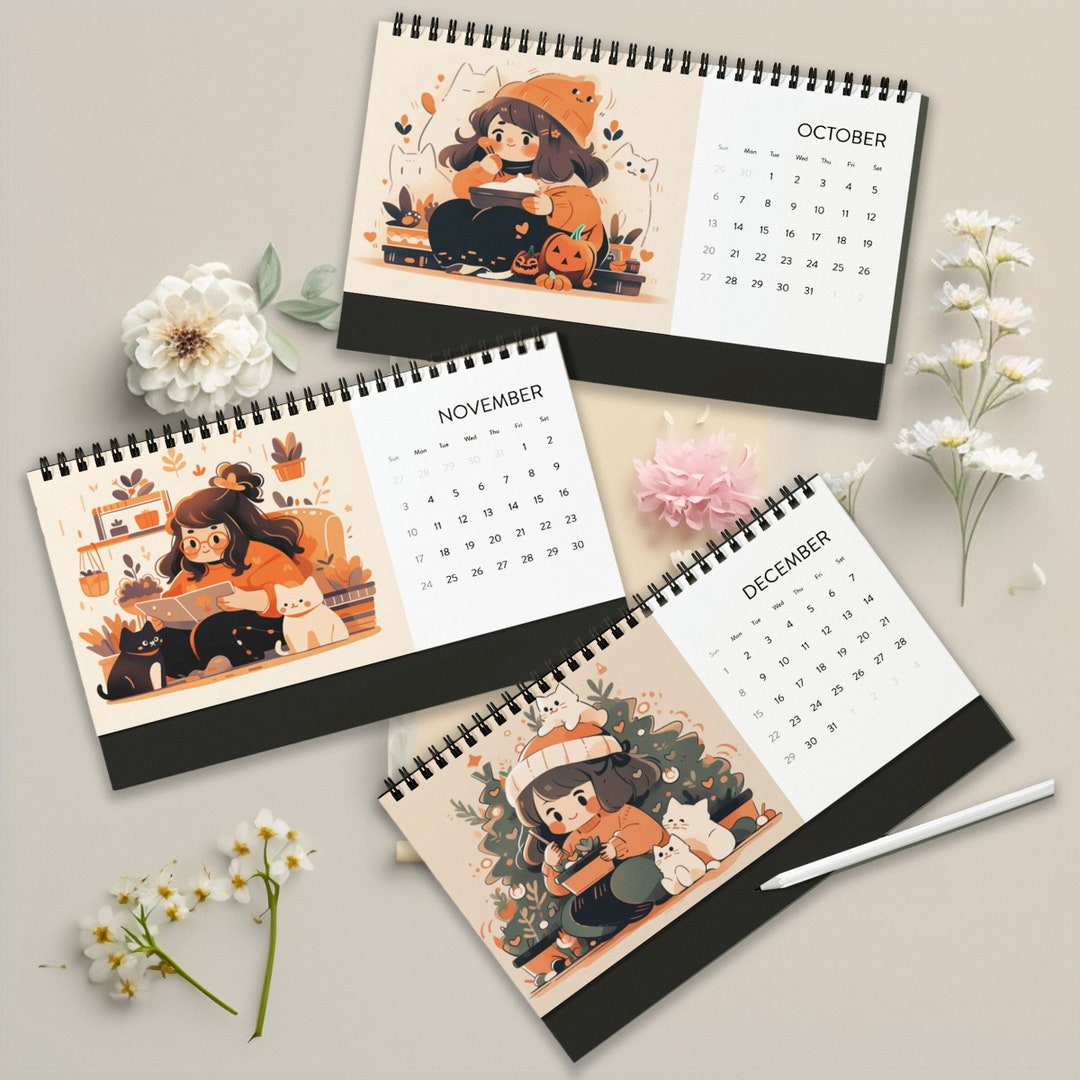 Kawaii Chubby Girl & Cat Desk Calendar 2024 Kawaii Desk Calendar 2024 ...