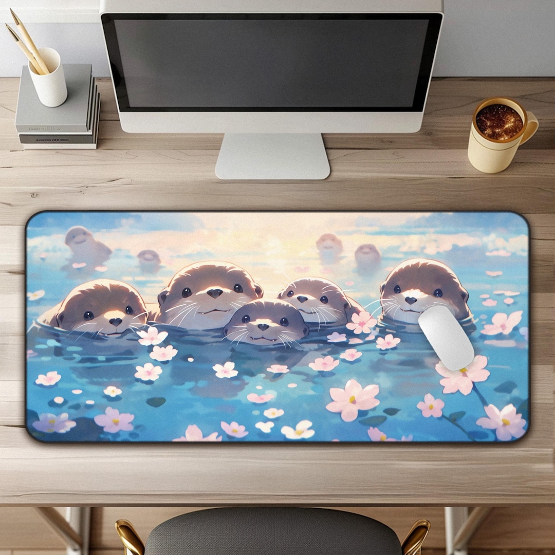 Kawaii Otters Desk Mat – Cute Large Mouse Pad With Floating Otters, Non ...