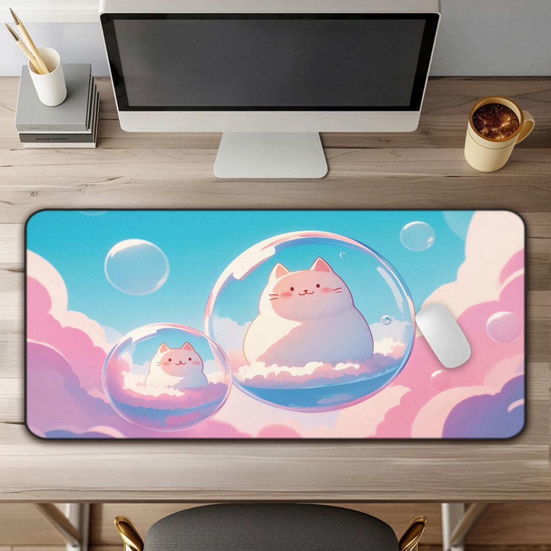 Kawaii Bubble Cat Desk Mat – Cute Large Mouse Pad, Cats & Clouds Desk ...