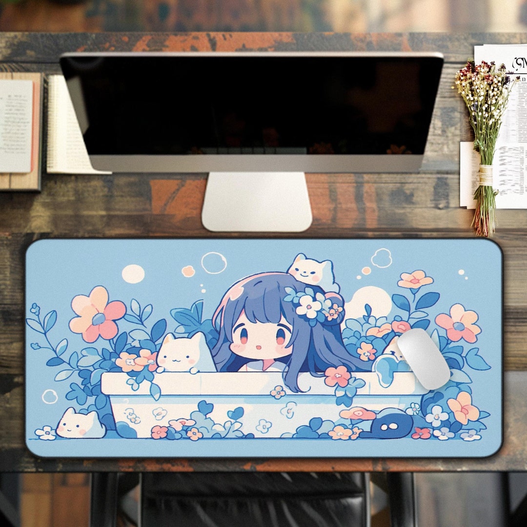 Kawaii Chibi Girl Desk Mat, Desk Mat Cute, Blue Mouse Pad Desk Mat ...